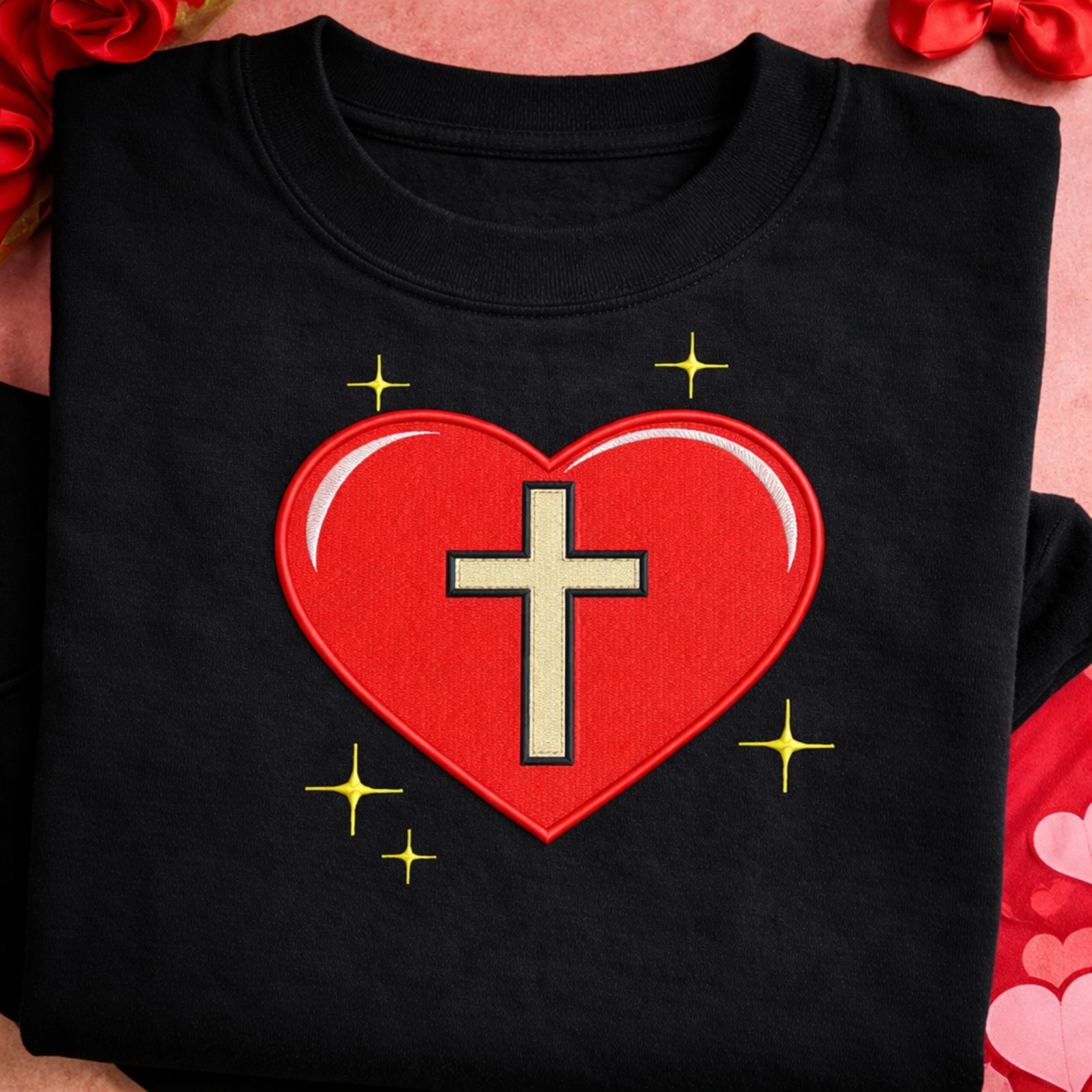 Christian Cross Inside Heart Embroidery Design, Religious Love Faith ...