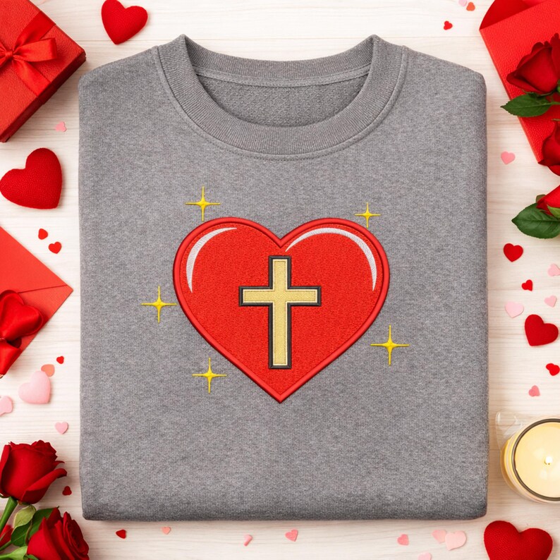 Christian Cross Inside Heart Embroidery Design, Religious Love Faith ...