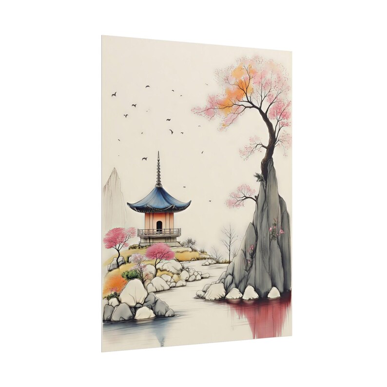 Minimalist Japandi Pagoda Landscape Poster Print, Cherry Blossom ...