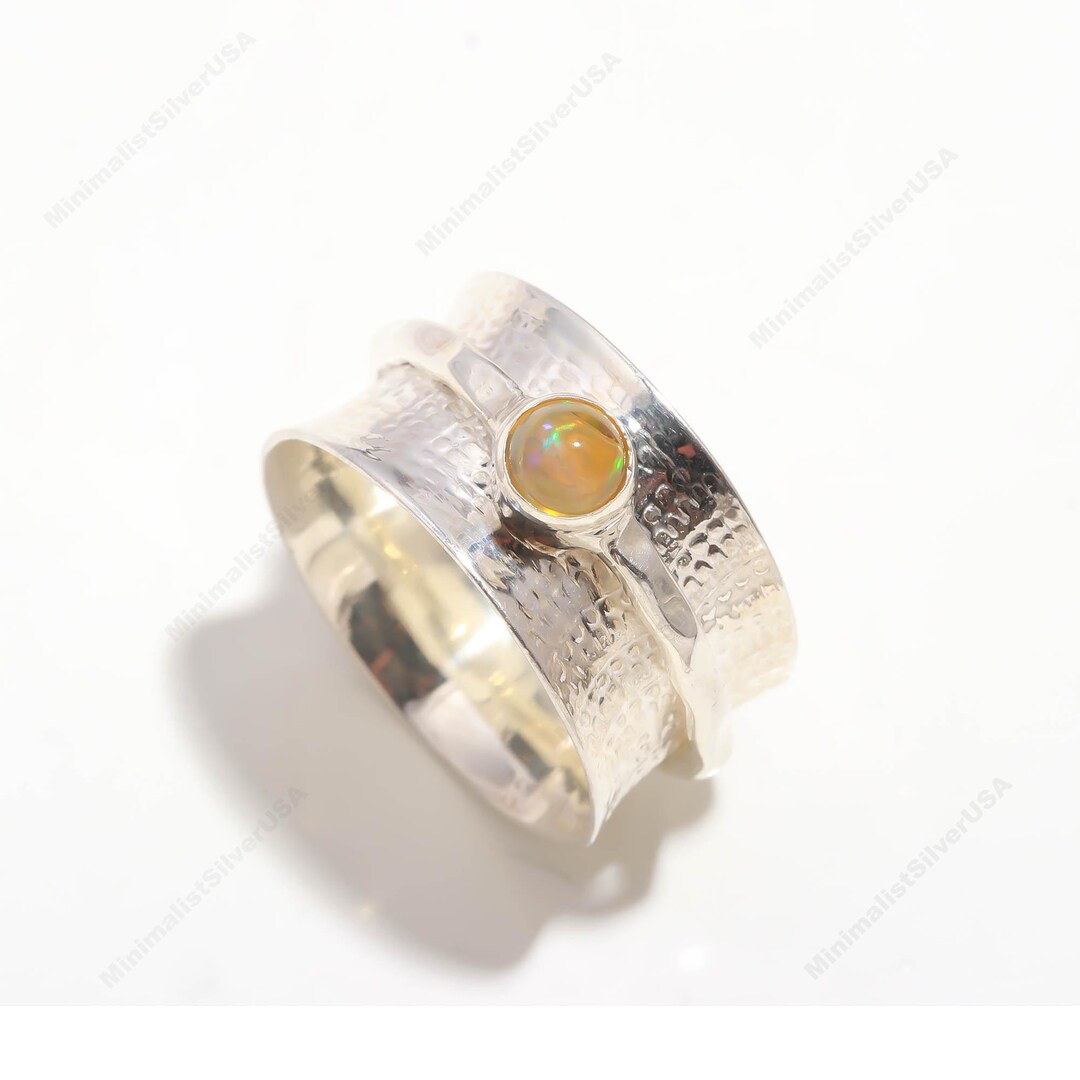Sterling Silver Opal Spinner Ring – Wide Textured Meditation Band ...