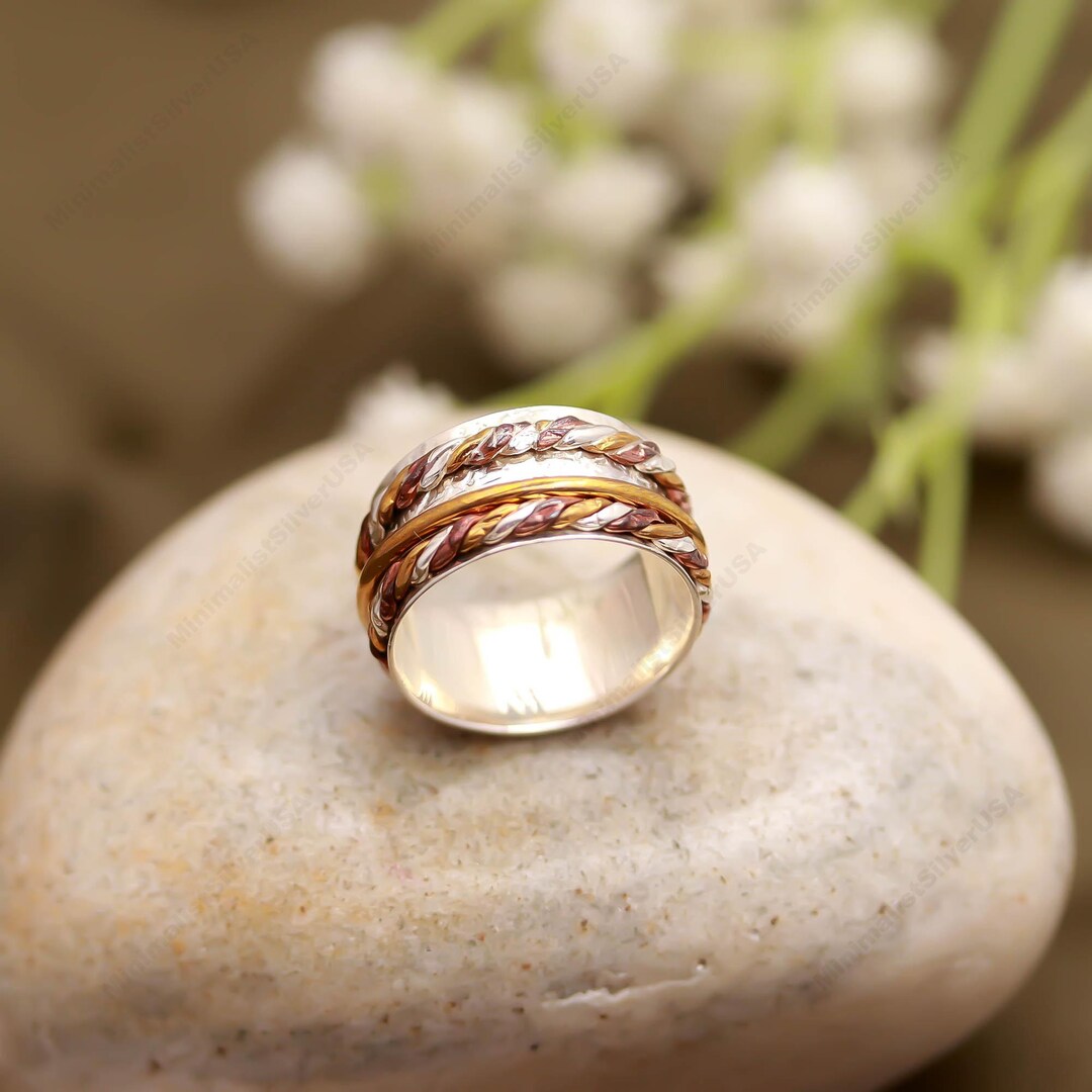 Tri-color Spinner Ring – Sterling Silver Wide Band With Copper Braids ...
