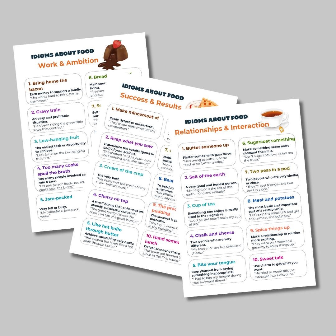 50 Idioms About Food – ESL Idiom Poster PDF – English Figurative ...