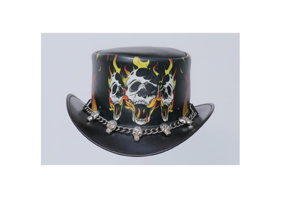 Flaming Skull Top Hat – Gothic Biker Faux Leather Cosplay Hat - Etsy