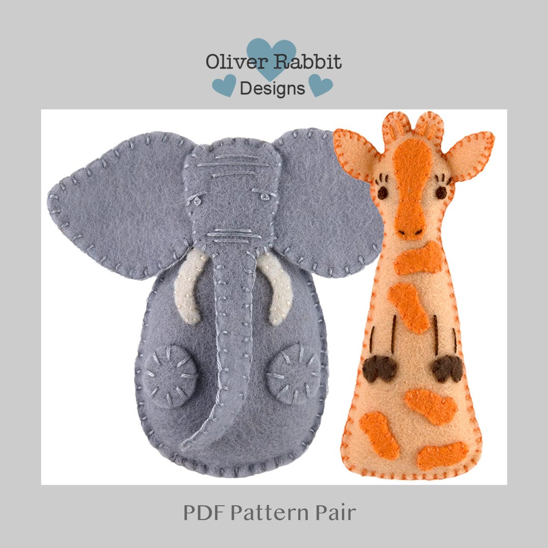 Felt Elephant and Giraffe Sewing Pattern Pair, Safari Animals, Mini ...