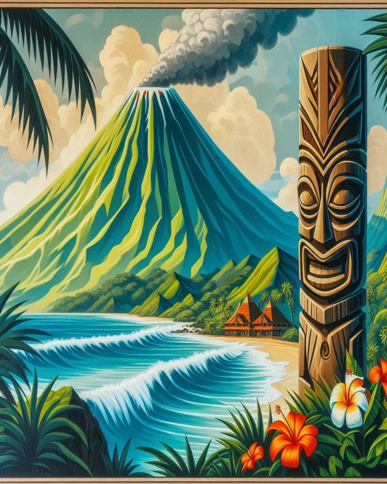 Art Deco Tiki Volcano Print: Tropical Island Adventure (digital ...