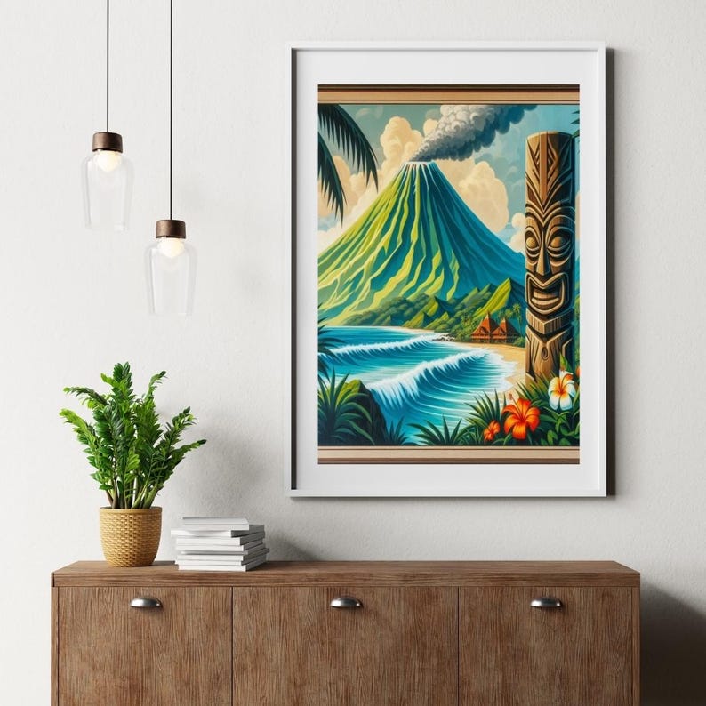 Art Deco Tiki Volcano Print: Tropical Island Adventure (digital ...