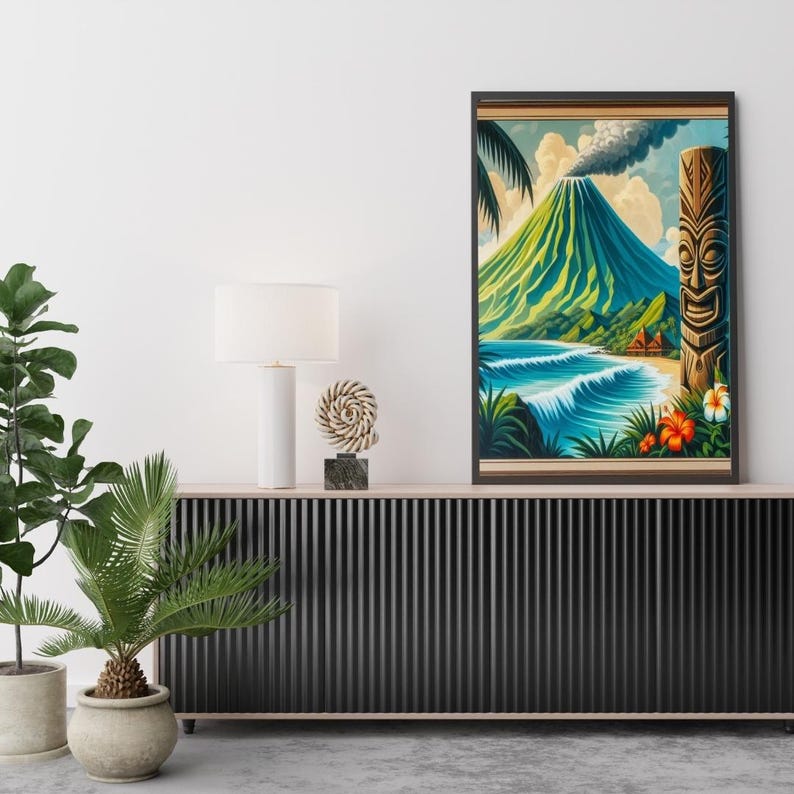 Art Deco Tiki Volcano Print: Tropical Island Adventure (digital ...