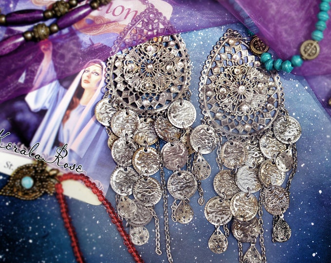 Rustic Silver Gypsy Coin Chandelier Earrings, Long Large Antiqued Metal ...