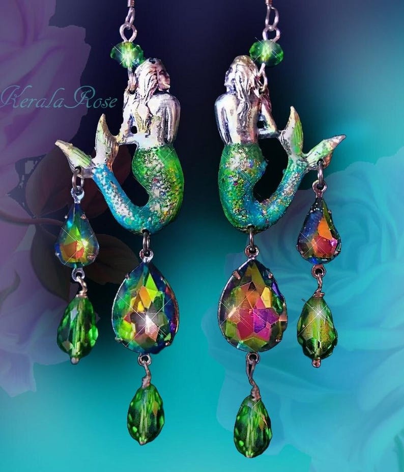 Fantasy Colorful Mermaid Earrings- Teardrop Jewels, Sparkly Dangle ...