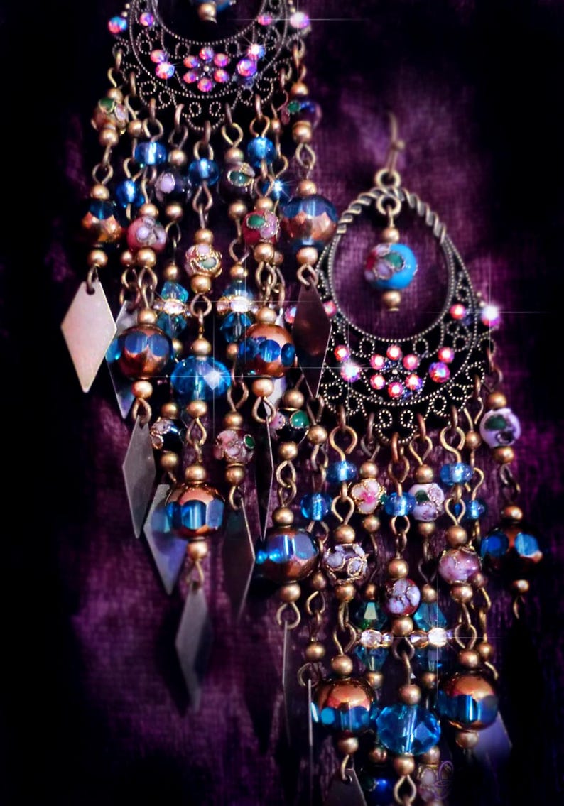 Long Boho Chandelier Earrings | Crystal & Cloisonné Beaded Hippie Drop ...