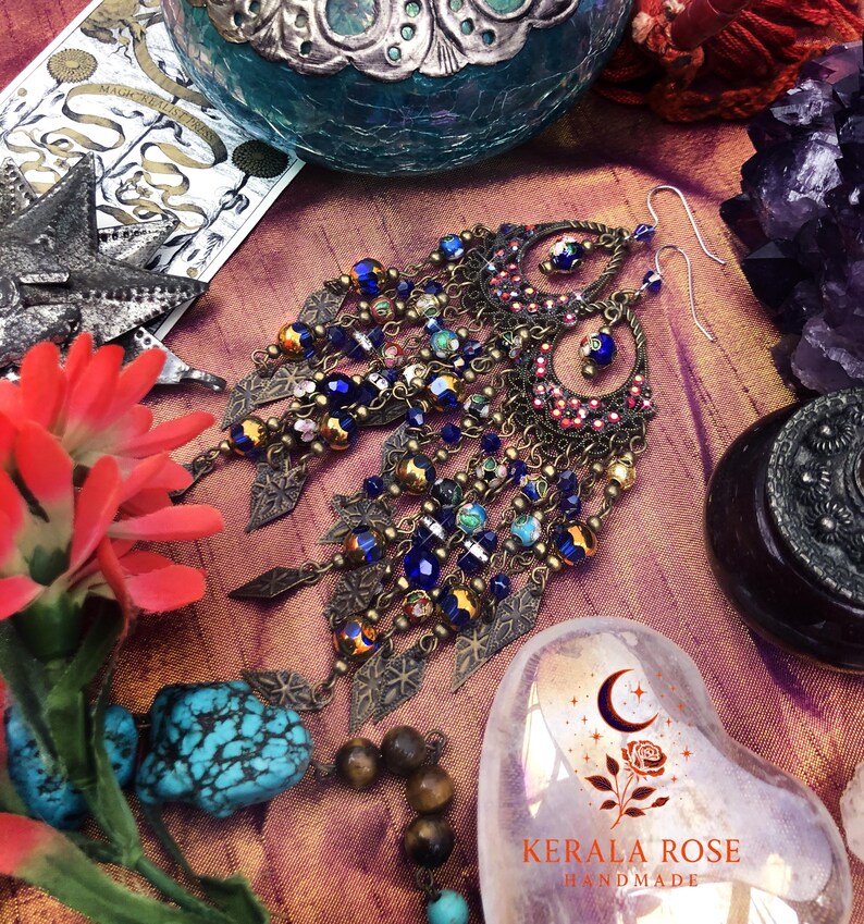 Long Boho Chandelier Earrings | Crystal & Cloisonné Beaded Hippie Drop ...
