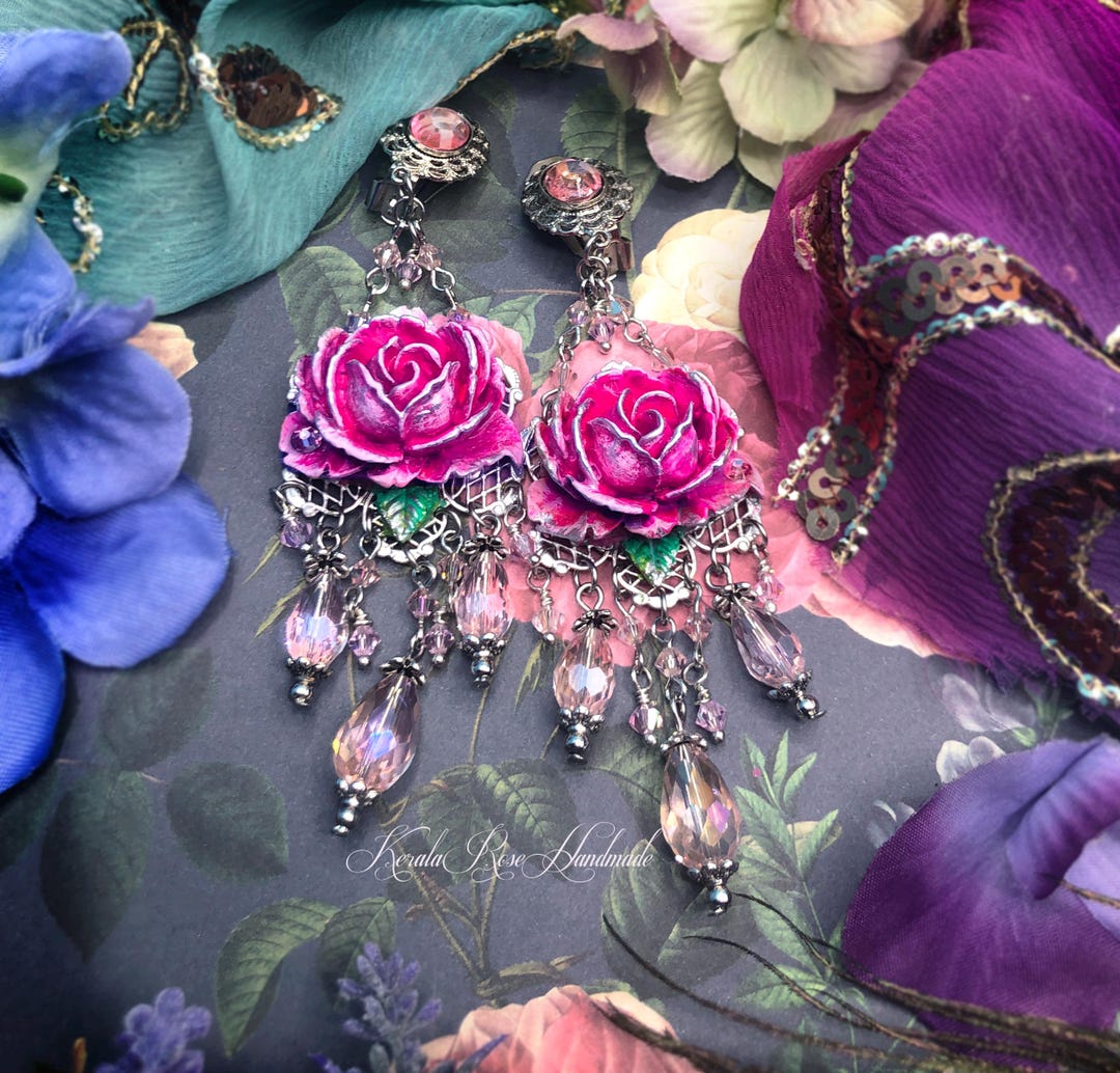 Fantasy Pink Rose Cottagecore Earrings- Crystal Teardrops, Boho ...