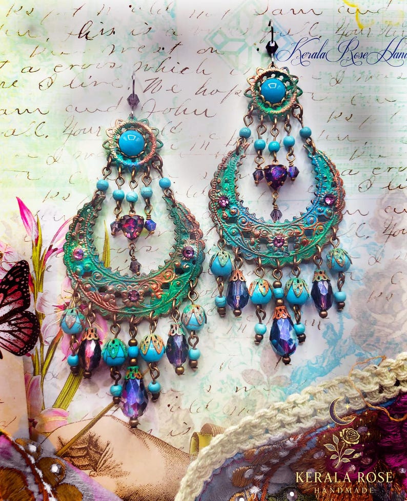 Large Exotic Moroccan Moon Earrings, Turquoise & Purple Boho Filigree ...