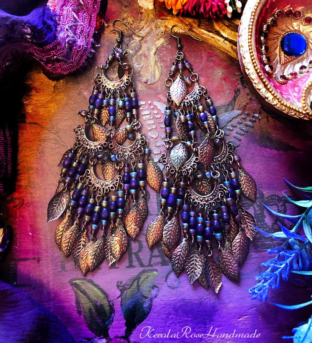 Earthy Long Purple & Copper Beaded Leaf Charm Earrings, Bohemian Hippie ...