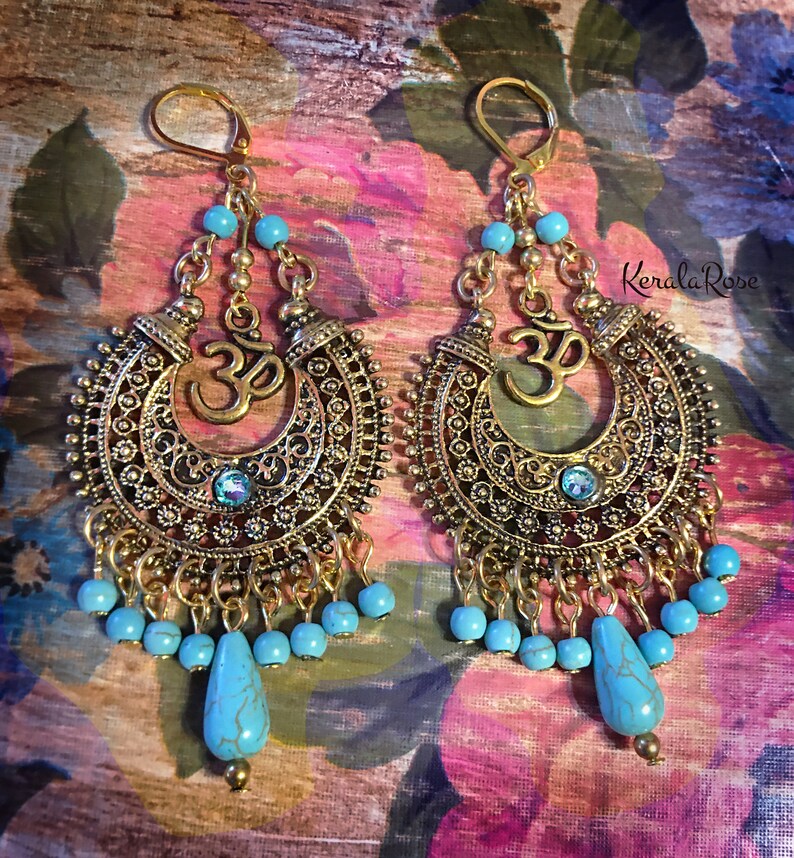 Bright Gold Turquoise Magnesite Gemstone Om Symbol Chandelier - Etsy