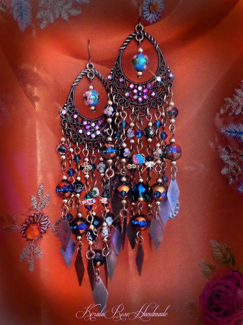 Long Boho Chandelier Earrings | Crystal & Cloisonné Beaded Hippie Drop ...