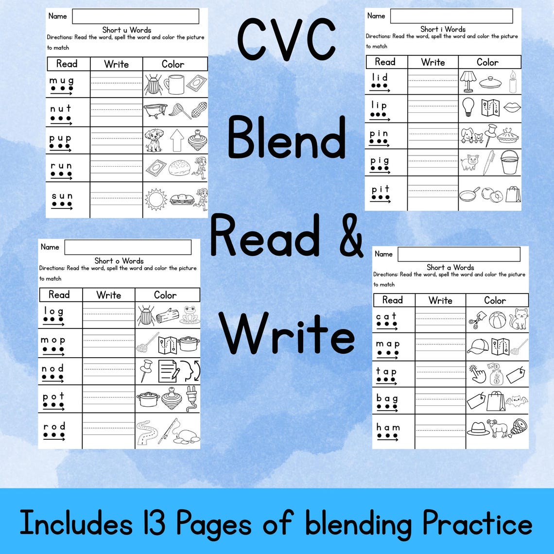 CVC Reading Worksheets Short Vowel Word Practice Kindergarten Phonics ...