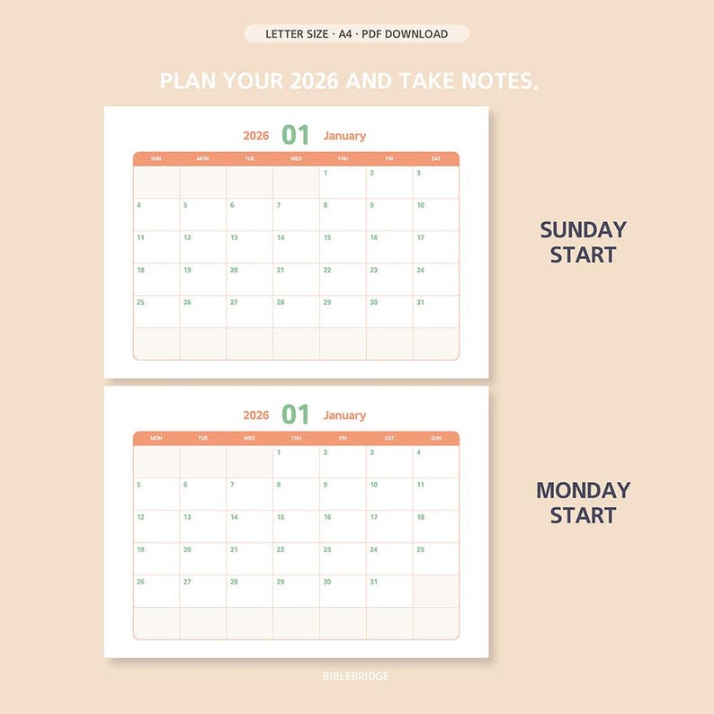 2026 Cute Rounded Monthly Calendar Printable, Green Orange Color Theme ...