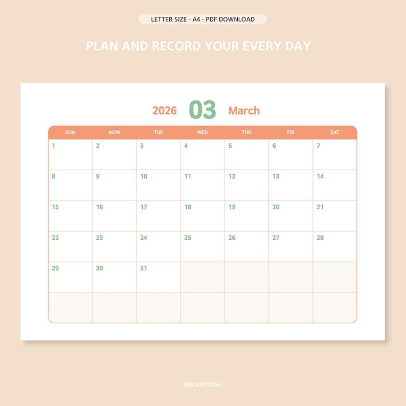 2026 Cute Rounded Monthly Calendar Printable, Green Orange Color Theme ...