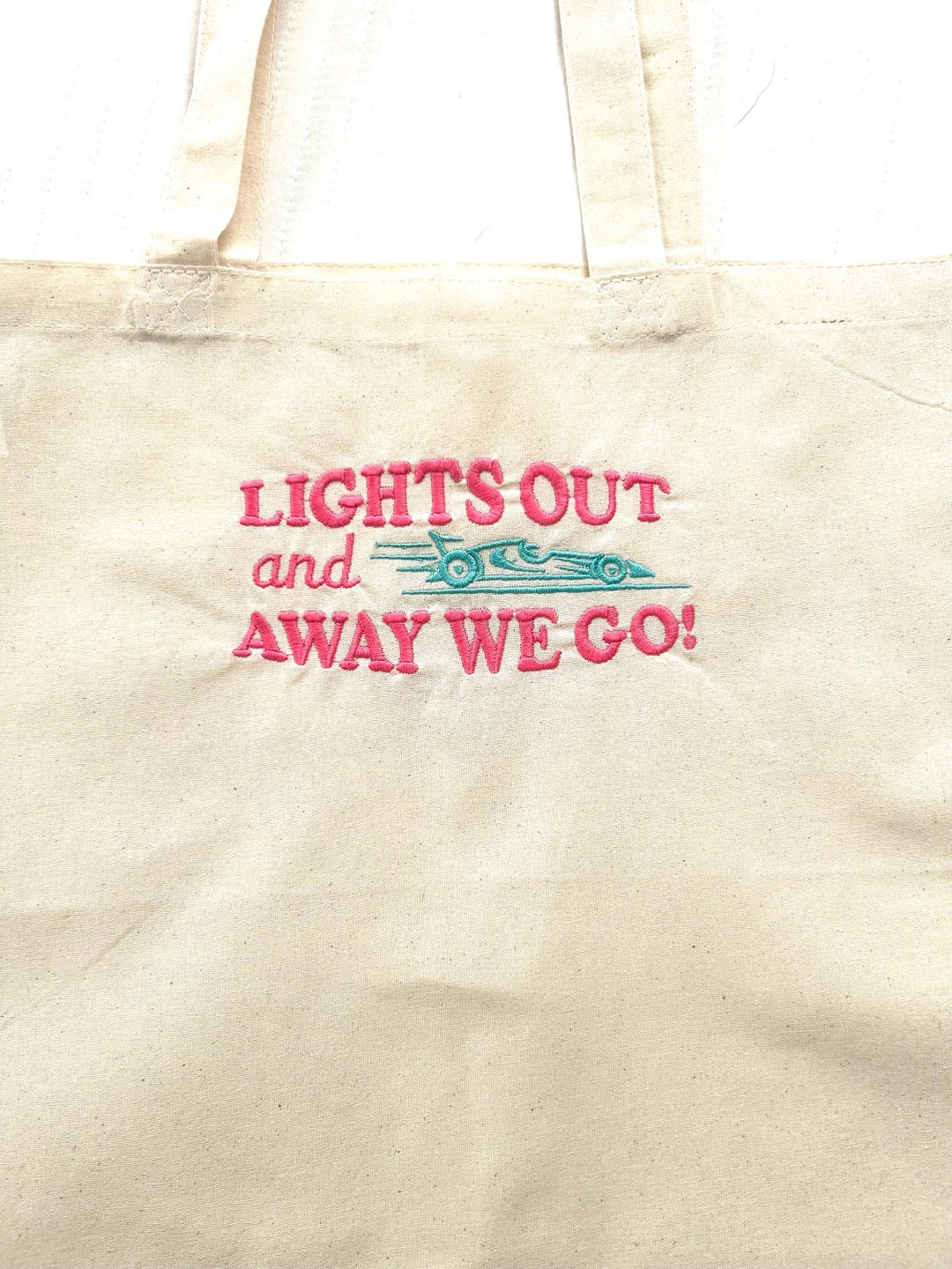 Lights Out and Away We Go! Embroidered Canvas Tote Bag. Cute Colors! - Etsy