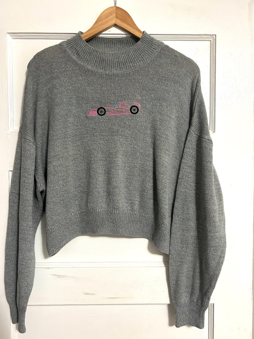 Upcycled Gray F1 Car Sweater With Pink Car. XL. Lightweight. Super Cute ...