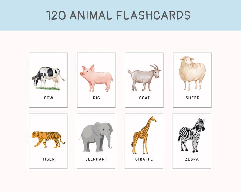 120 Animal Flashcards Printable – Preschool & ESL Learning Cards – Kids ...
