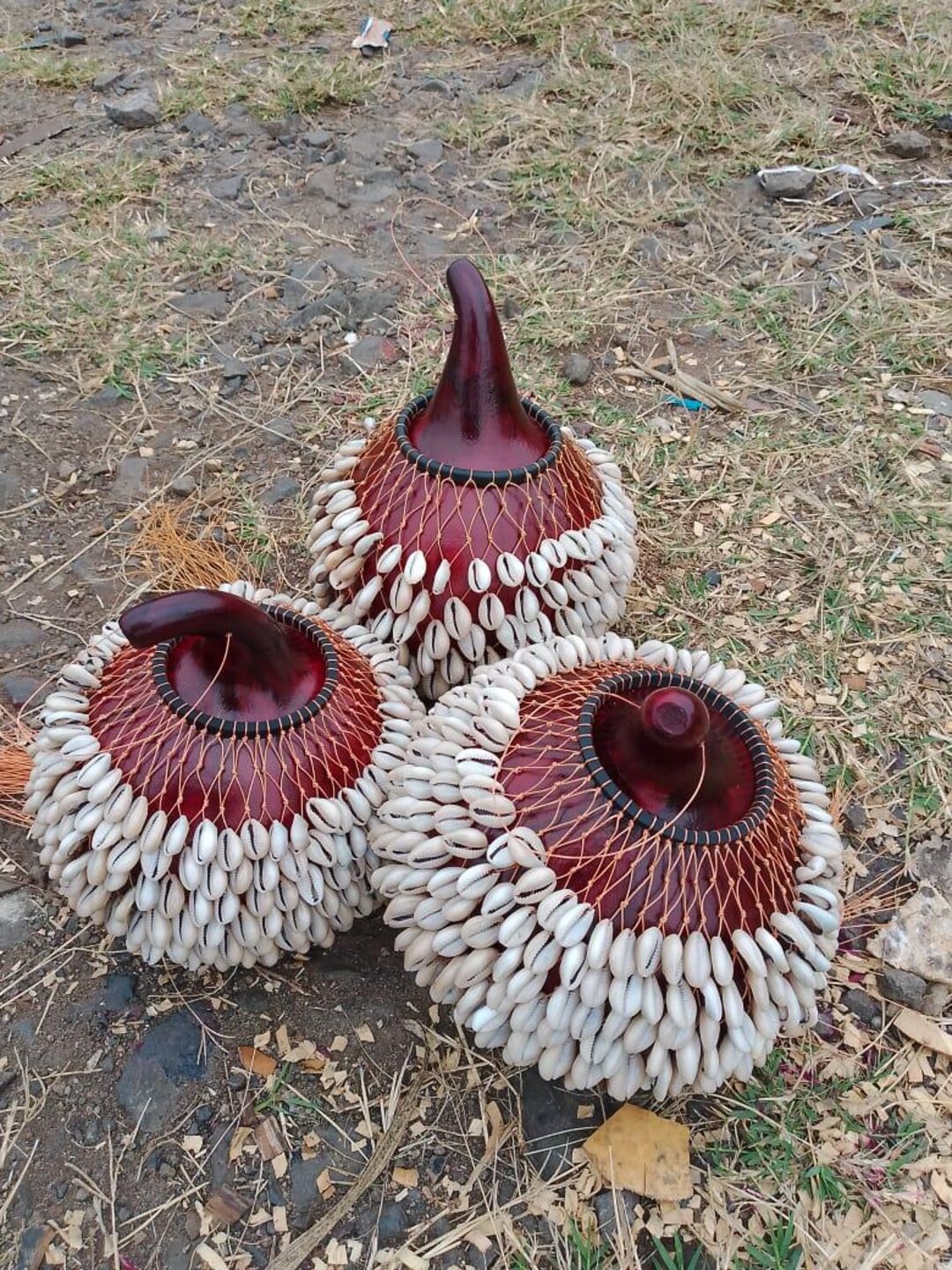 Maroon Cowrie Shell Shekere Rattle: African Percussion Instrument - Etsy