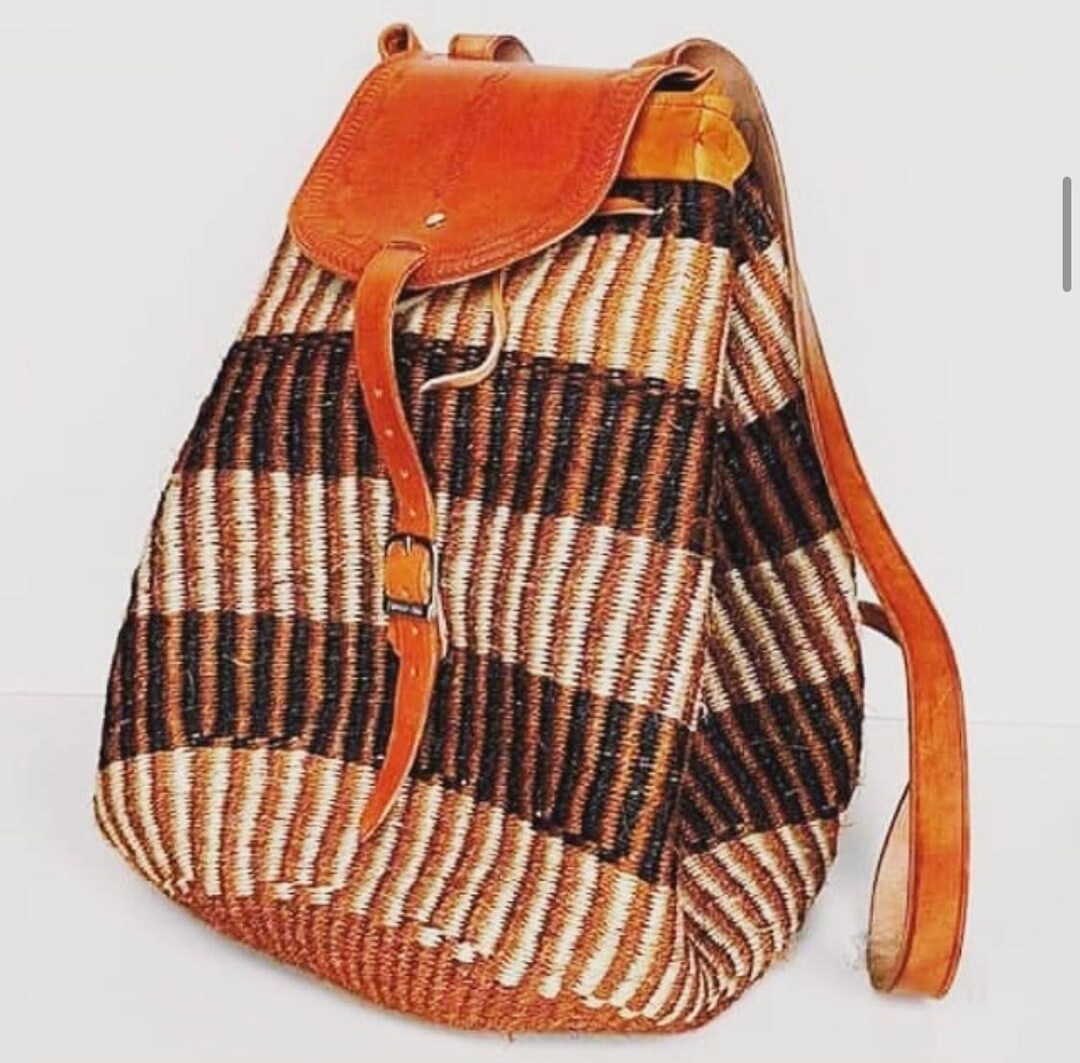 Handwoven Sisal Kiondo Backpack: African Boho Sling Bag With Leather ...