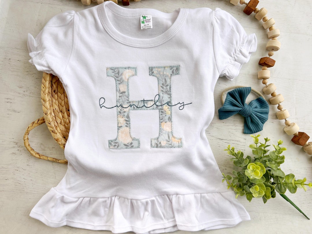 Personalized Vintage Floral and Blue Girl's Ruffle Shirt, Toddler Girl ...