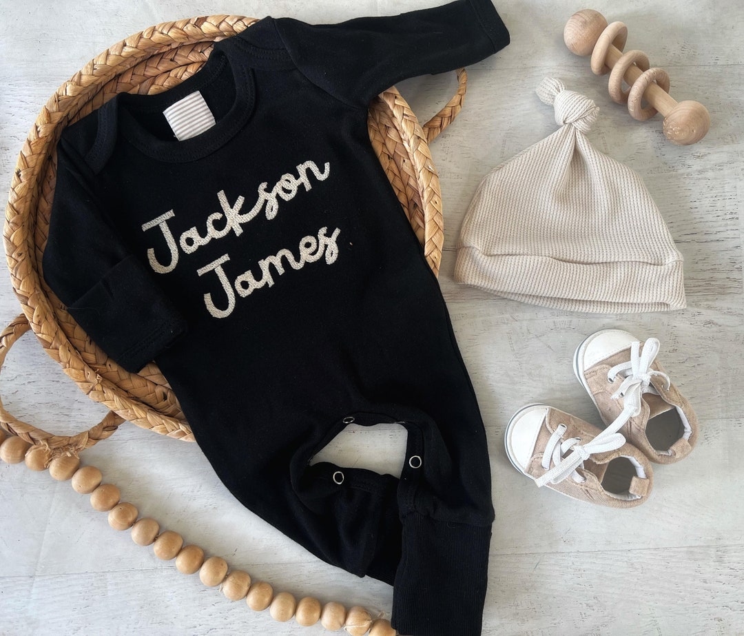 Personalized Black Baby Romper and Hat Set, Custom Coming Home Outfit ...