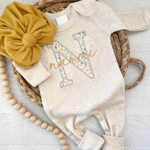 Personalized Baby Girl Romper and Hat Set, Vintage Floral Infant Coming Home Outfit, Baby Shower ...