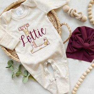 Personalized Baby Girl Romper and Hat Set, Vintage Floral Infant Coming Home Outfit, Baby Shower ...