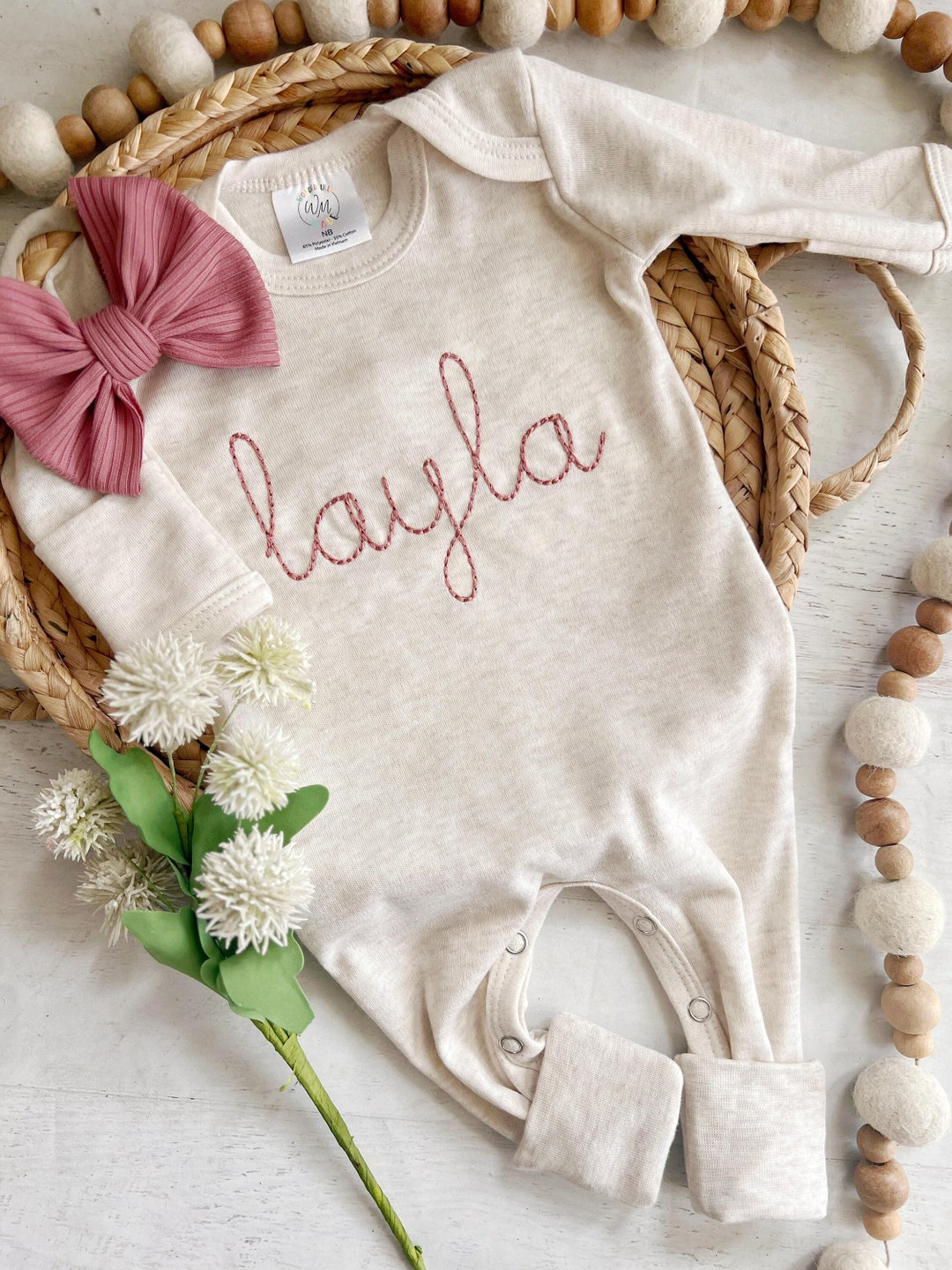 Personalized Baby Romper: Embroidered Name, Oatmeal & Dusty Rose ...