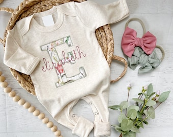 Personalized Baby Girl Romper and Hat Set, Vintage Floral Infant Coming Home Outfit, Baby Shower ...