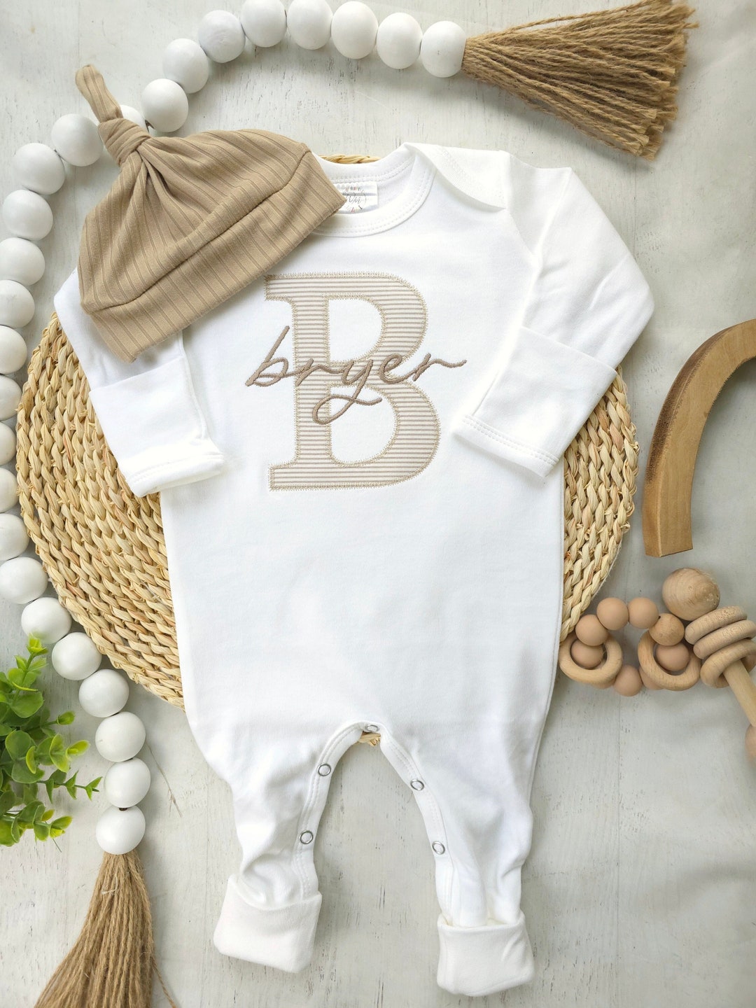 Personalized Neutral Baby Romper and Hat Set, Custom Infant Boy Coming ...