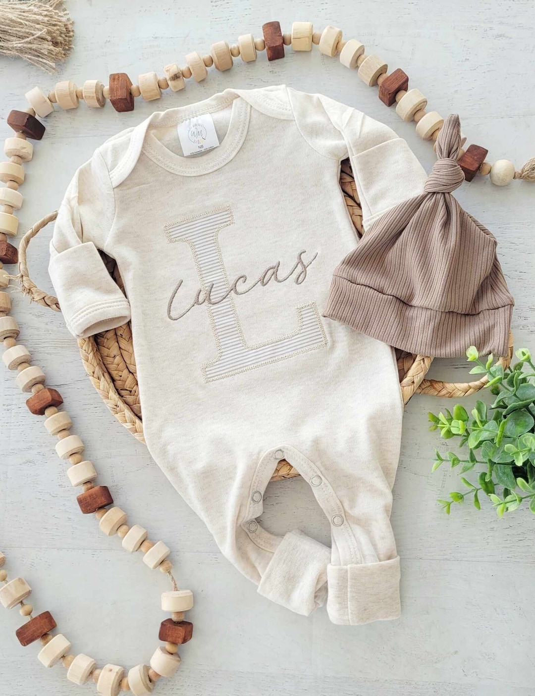 Personalized Neutral Baby Romper and Hat Set, Custom Infant Boy Coming ...