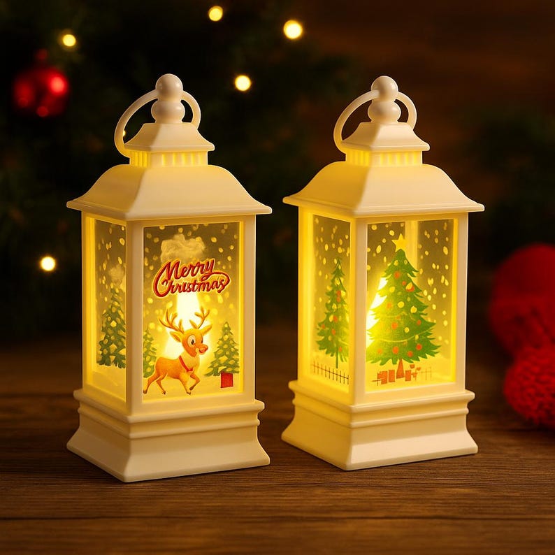 Set of 2 Christmas Lanterns Light up Festive Reindeer and Tree Design ...