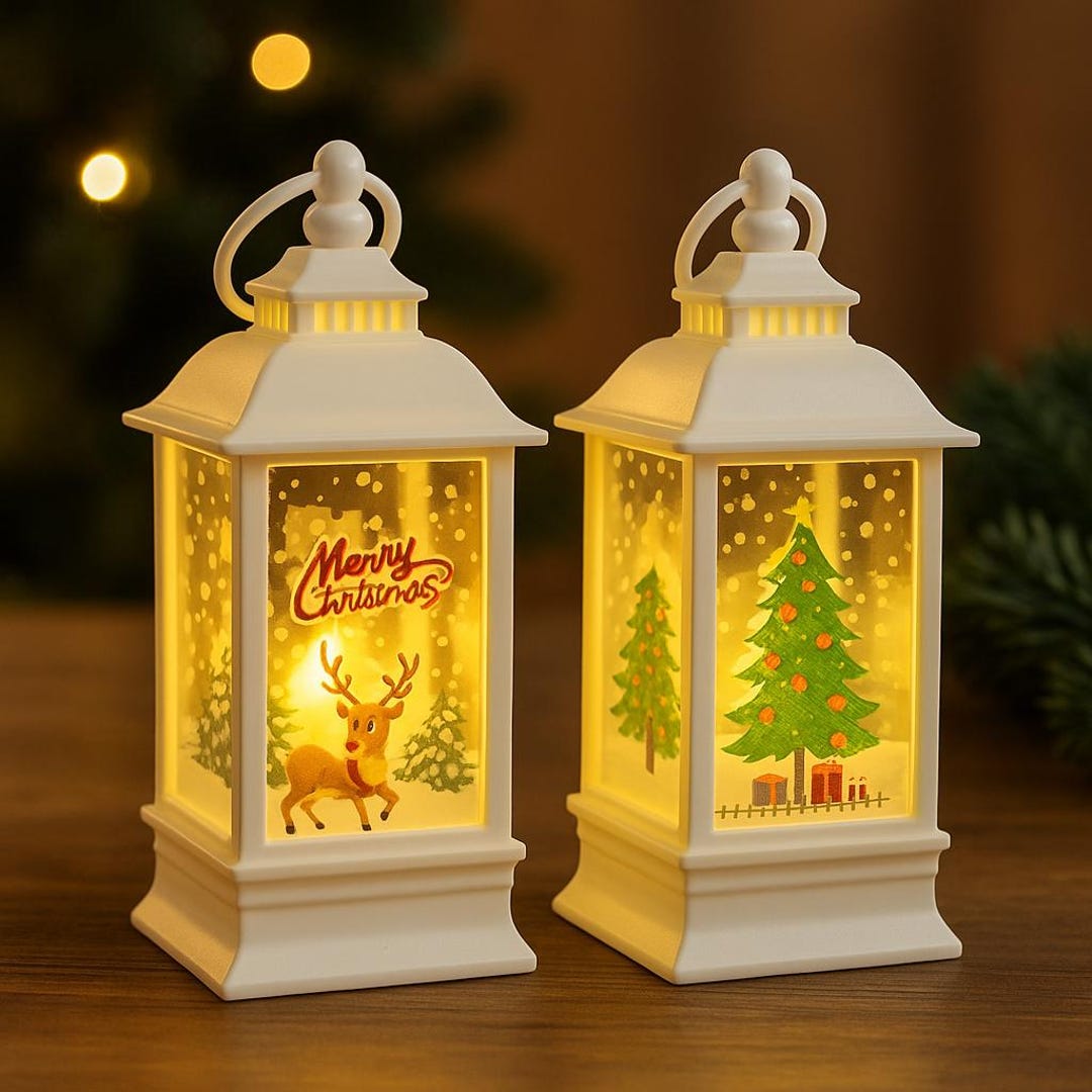 Set of 2 Christmas Lanterns Light up Festive Reindeer and Tree Design ...
