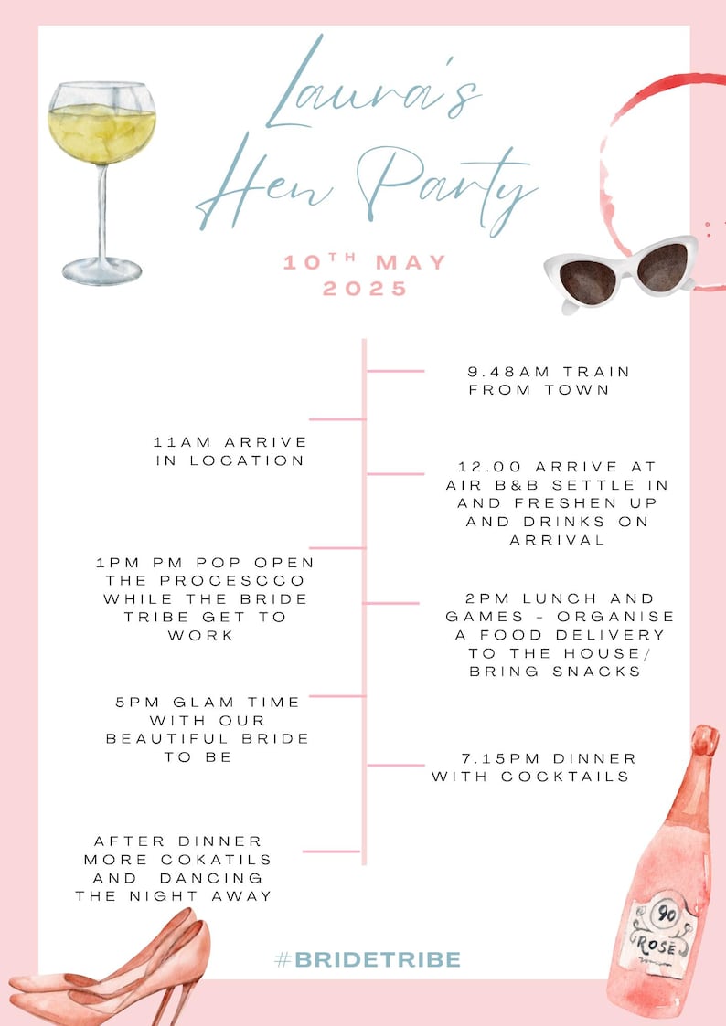 Personalized Hen Party Itinerary Template – Blush Pink Editable ...