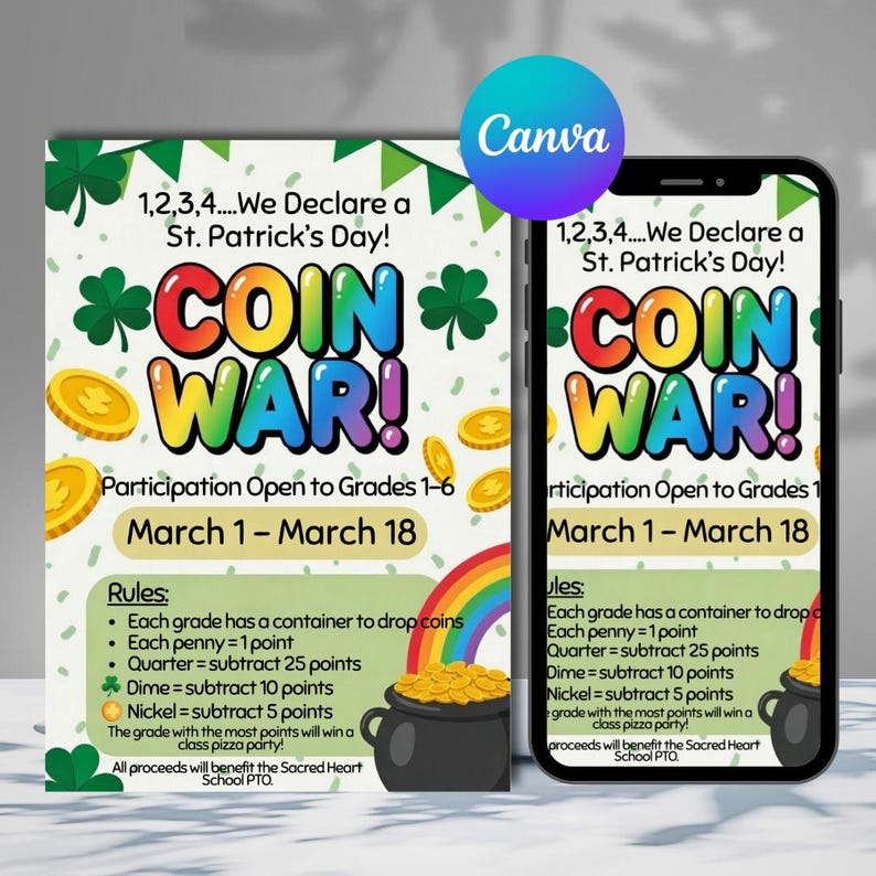St. Patricks Day Coin War Flyer: School Fundraiser (CANVA Template ...
