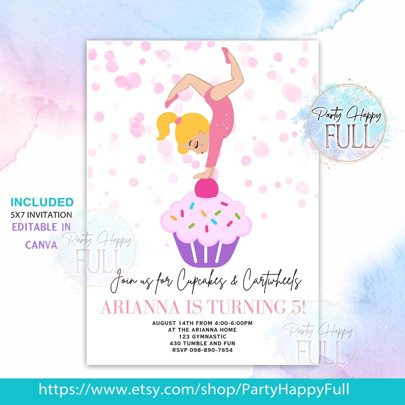 EDITABLE Gymnastic Invitation Cupcakes Cartwheels 2 Blonde - Etsy