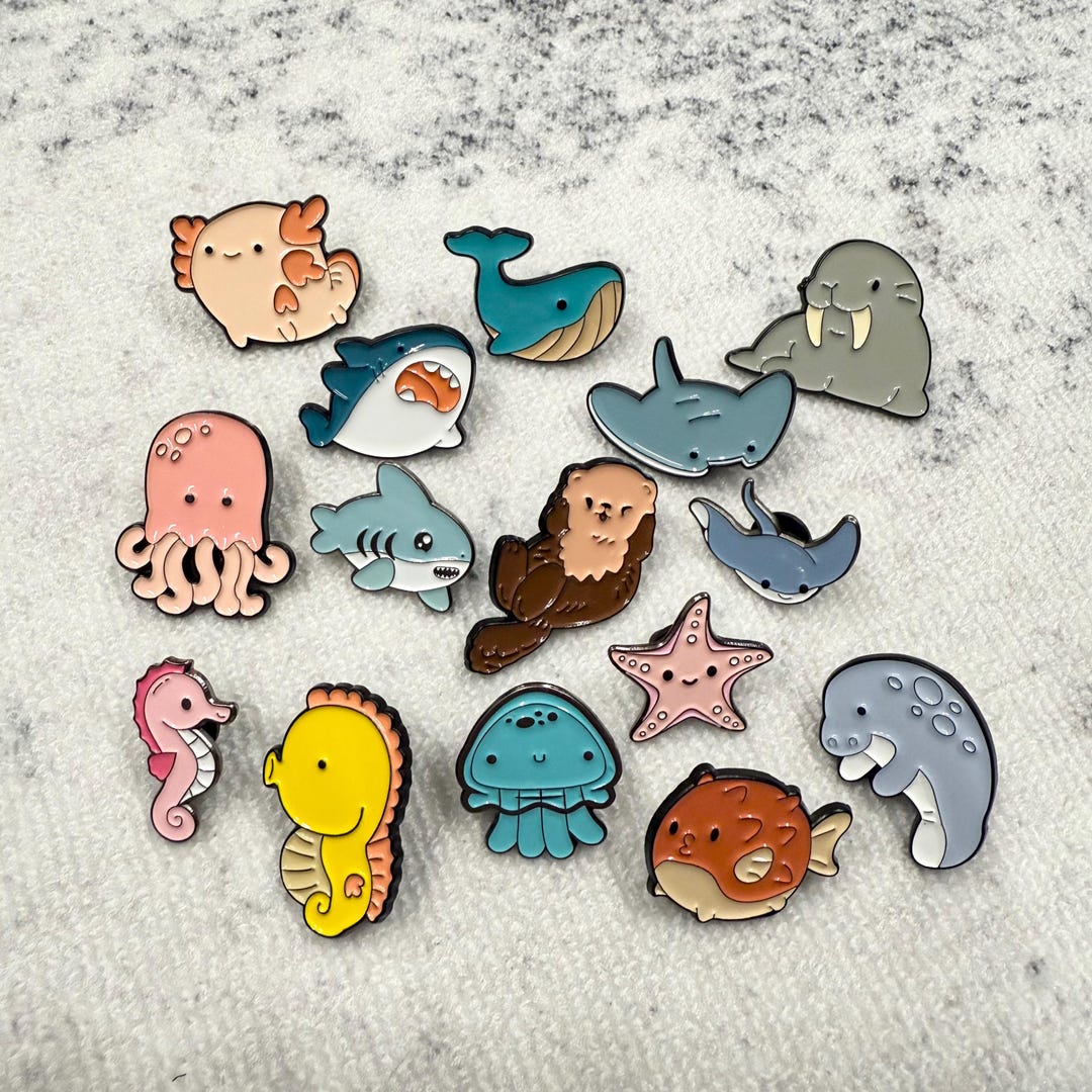 Ocean Animals Enamel Pins Set – Sea Otter, Shark, Dolphin, Octopus ...