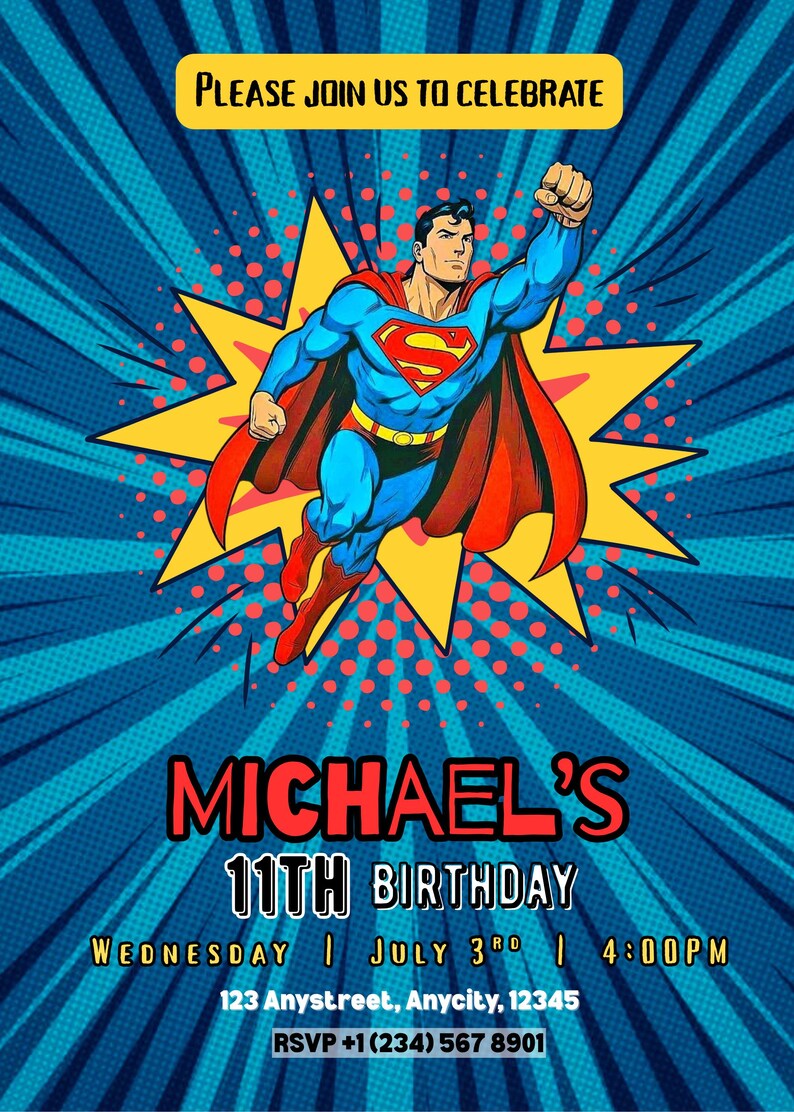 Superman Birthday Invitation, Editable Superhero Kids Party, DC Comic ...