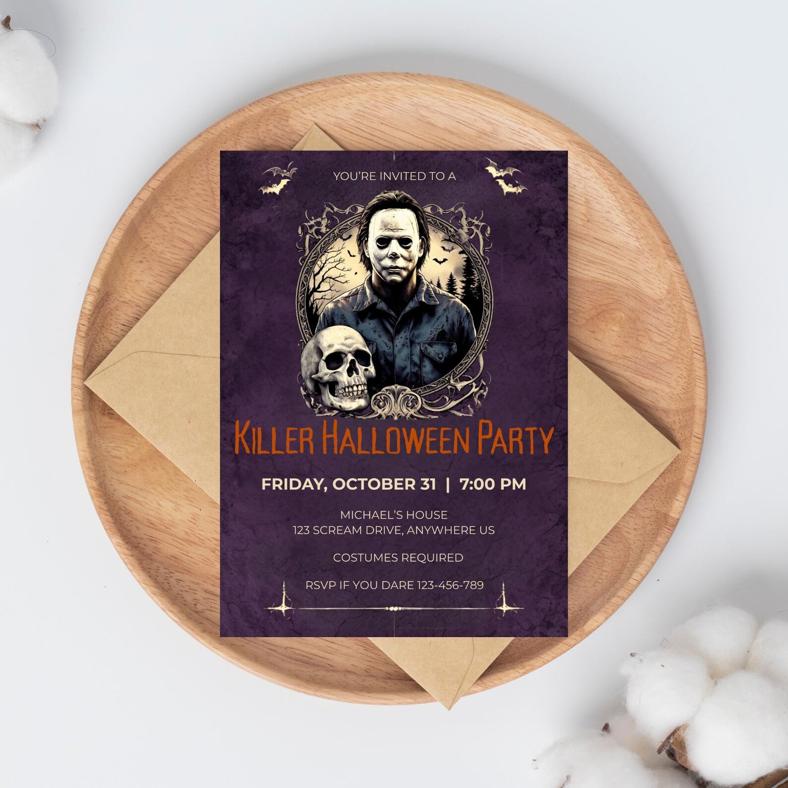 Editable Killer Halloween Party Invitation Canva Template • Myers ...