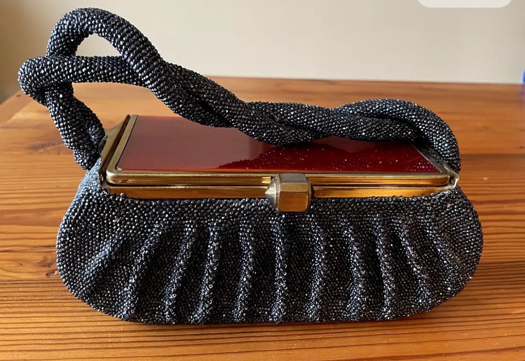 Vintage Art Deco 1940s Bakelite Black Beaded Box Purse, Vintage Beaded ...