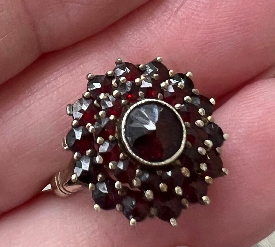 Vintage Sterling Bohemian Garnet Cluster Ring Size US 6.25, Garnet Ring ...