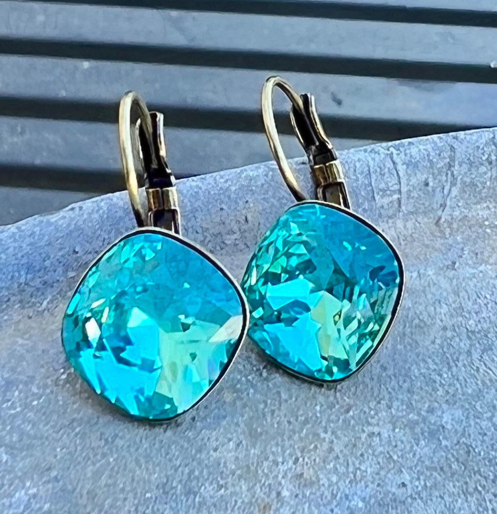 Turquoise Blue Crystal Earrings, Gold Earrings, Bezel Set Crystal ...