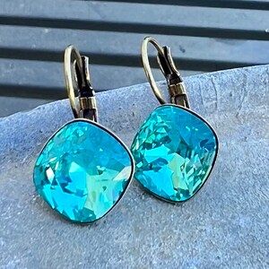 Turquoise Blue Crystal Earrings, Gold Earrings, Bezel Set Crystal ...