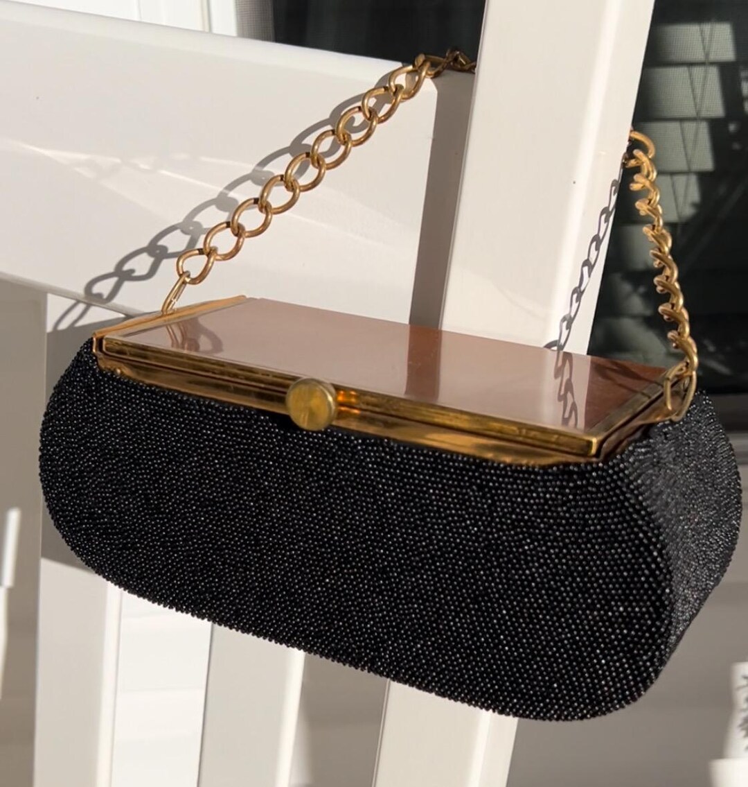 Vintage Bakelite Lucite Black Beaded Box Purse With Brass Chain and ...