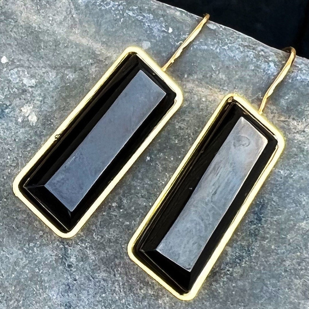 Jet Black Austrian Crystal Rectangular Cut Earrings Bezel Set Gold ...